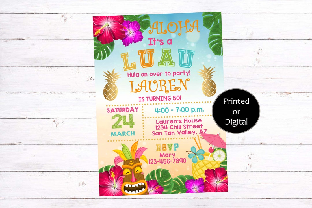 Luau Party Invitations, Luau Birthday Invitations, Hawaiian Invitation ...