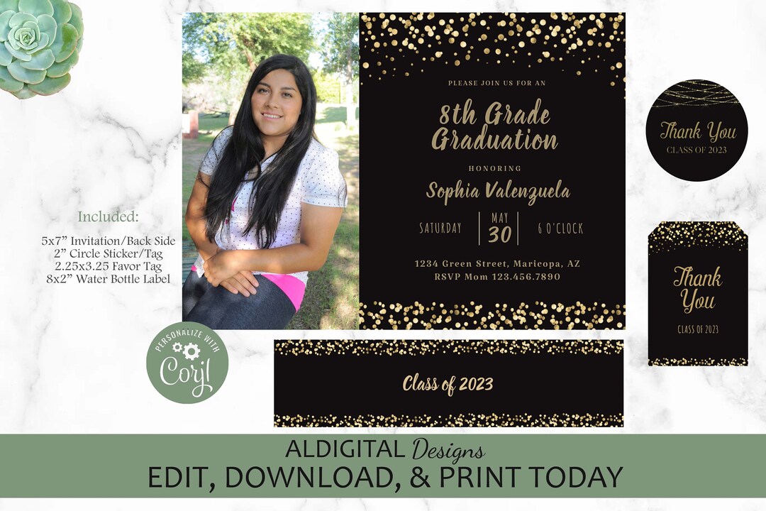 Graduation Announcement, Black Gold Graduation Invitation, 8th Grade ...