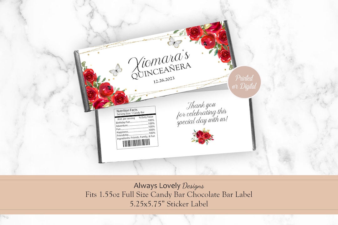 Quinceanera Red Floral Full Size Candy Bar Label, Quinceanera Chocolate ...