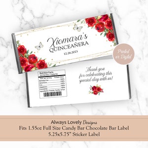Quinceanera Red Floral Full Size Candy Bar Label, Quinceanera Chocolate ...