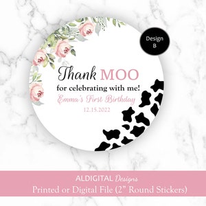 Cow Birthday Stickers, Cow Favor Stickers, Thank Moo Stickers, Cow ...