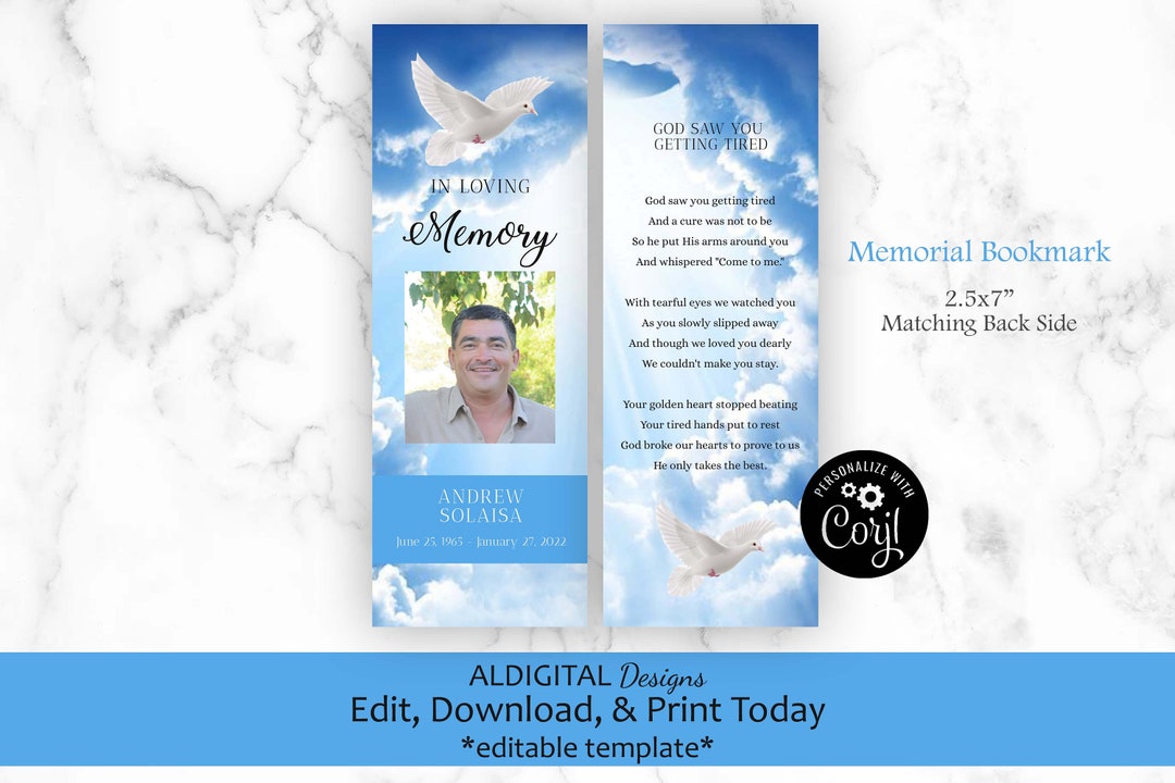 Funeral Memorial Bookmark, Memorial Bookmark, Funeral Bookmark Template ...