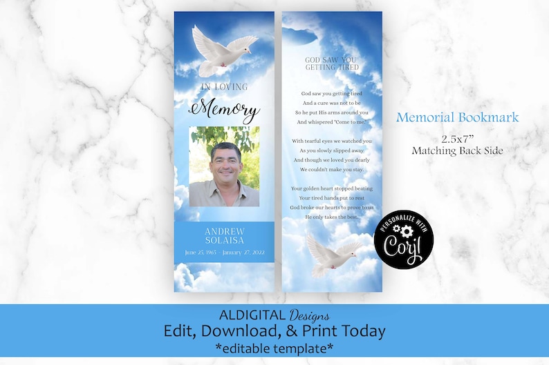 Funeral Memorial Bookmark, Memorial Bookmark, Funeral Bookmark Template ...