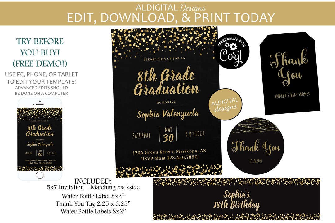 Graduation Announcement, Black Gold Graduation Invitation, 8th Grade ...