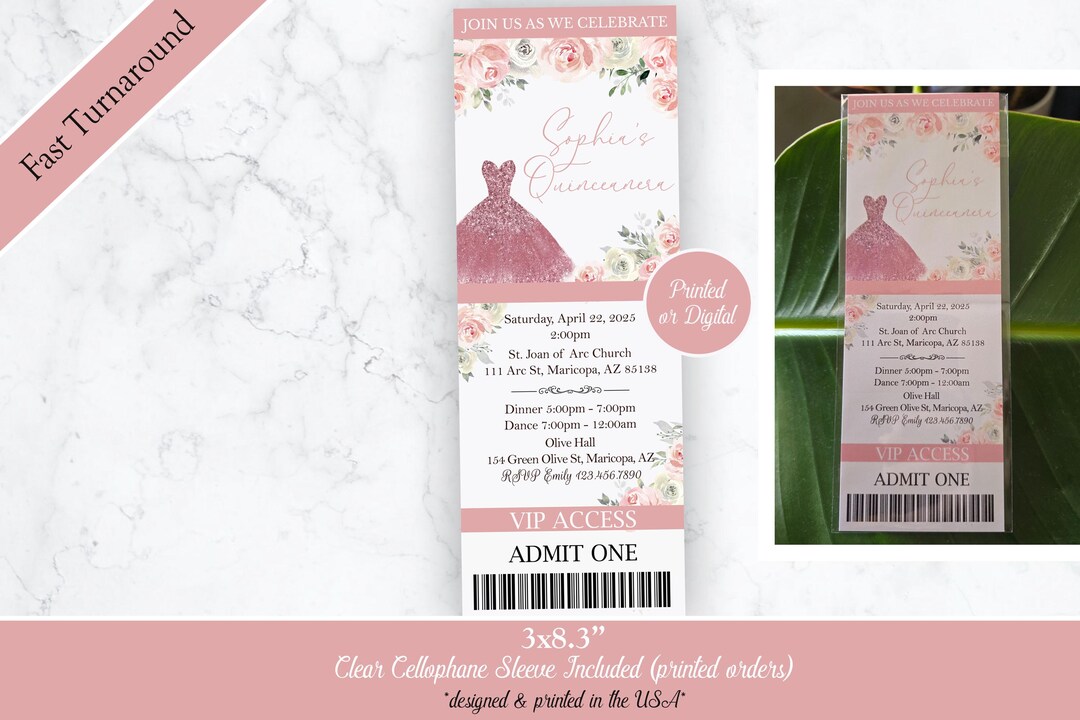Rose Gold Ticket Invitation, Rose Gold Quinceanera Invitation, Sweet ...