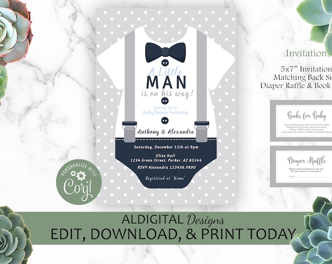 Little Man Baby Shower Invitation, Little Man Invitation, Suspenders ...