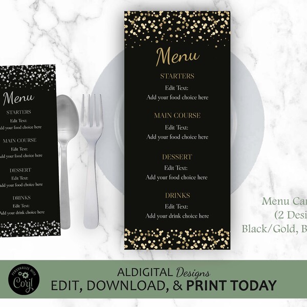 Black and Gold Menu Card - Etsy