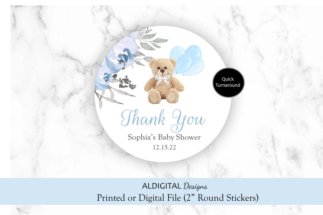 Teddy Bear Blue Favor Stickers, Teddy Bear Baby Shower Stickers, Bear ...