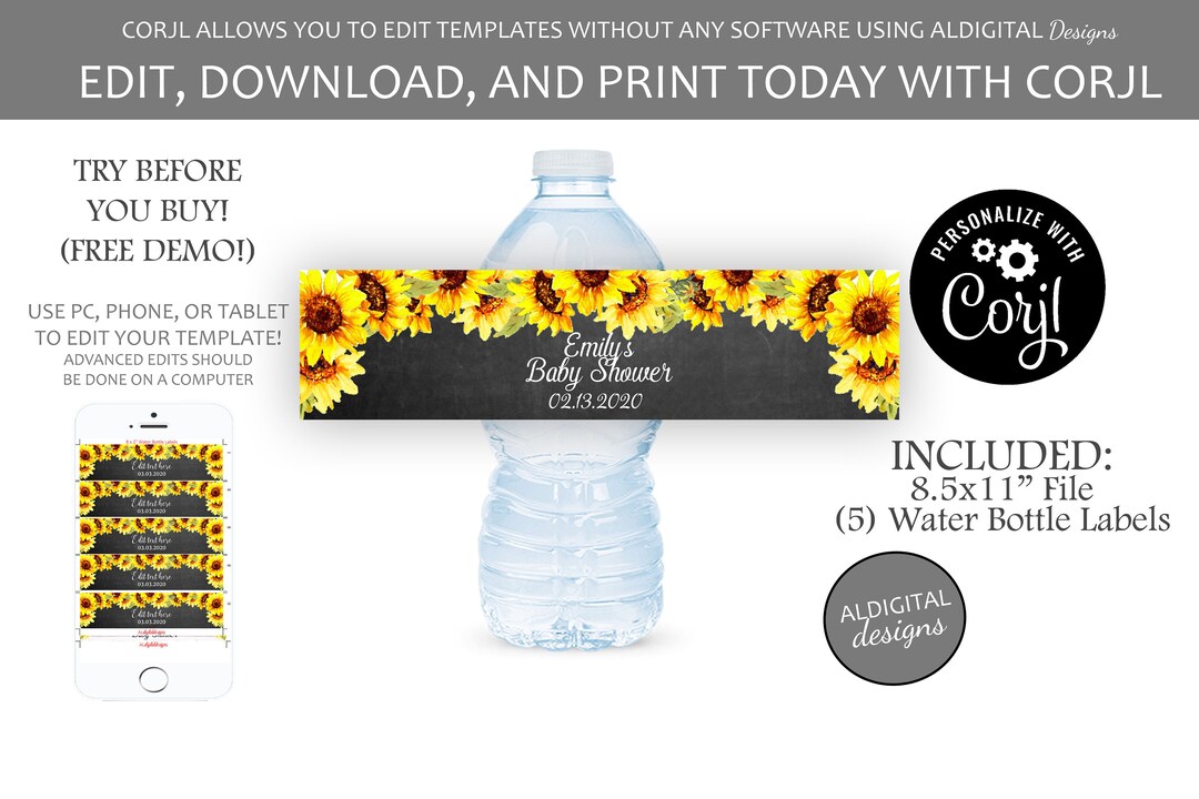 Sunflower Water Bottle Labels, Sunflower Water Bottle Label, Sunflower ...