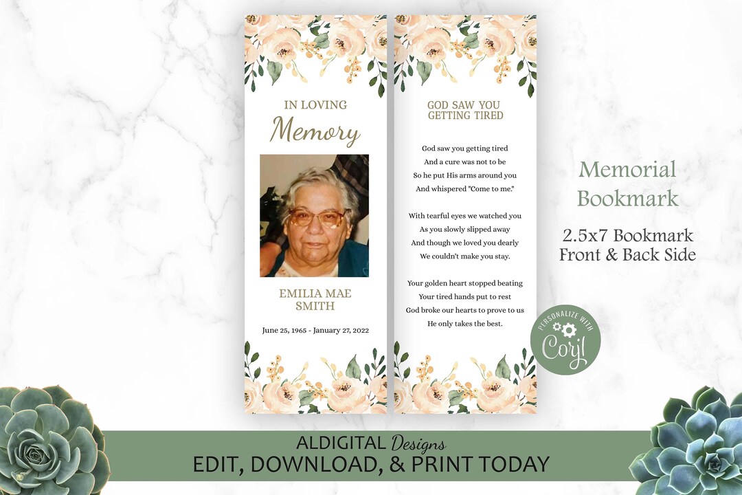 Funeral Memorial Bookmark, Memorial Bookmark, Funeral Bookmark Template ...
