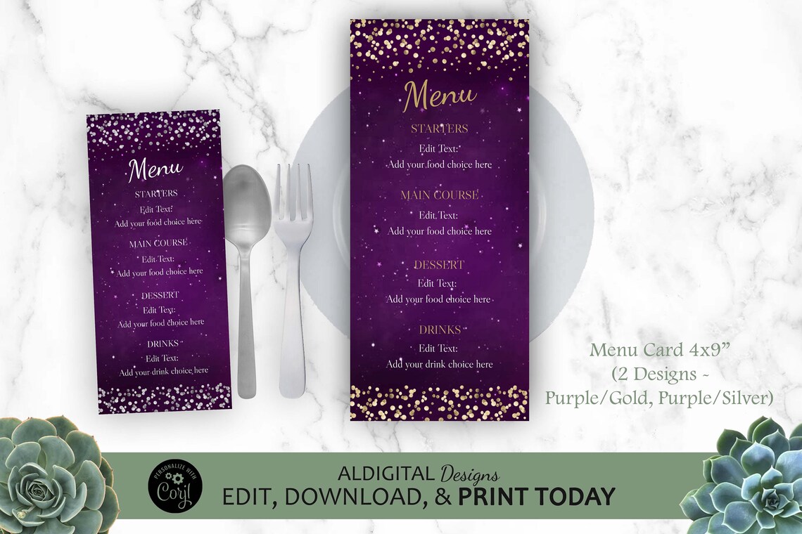 Purple Menu Cards Purple Gold Menu Cards Purple Silver Menu - Etsy