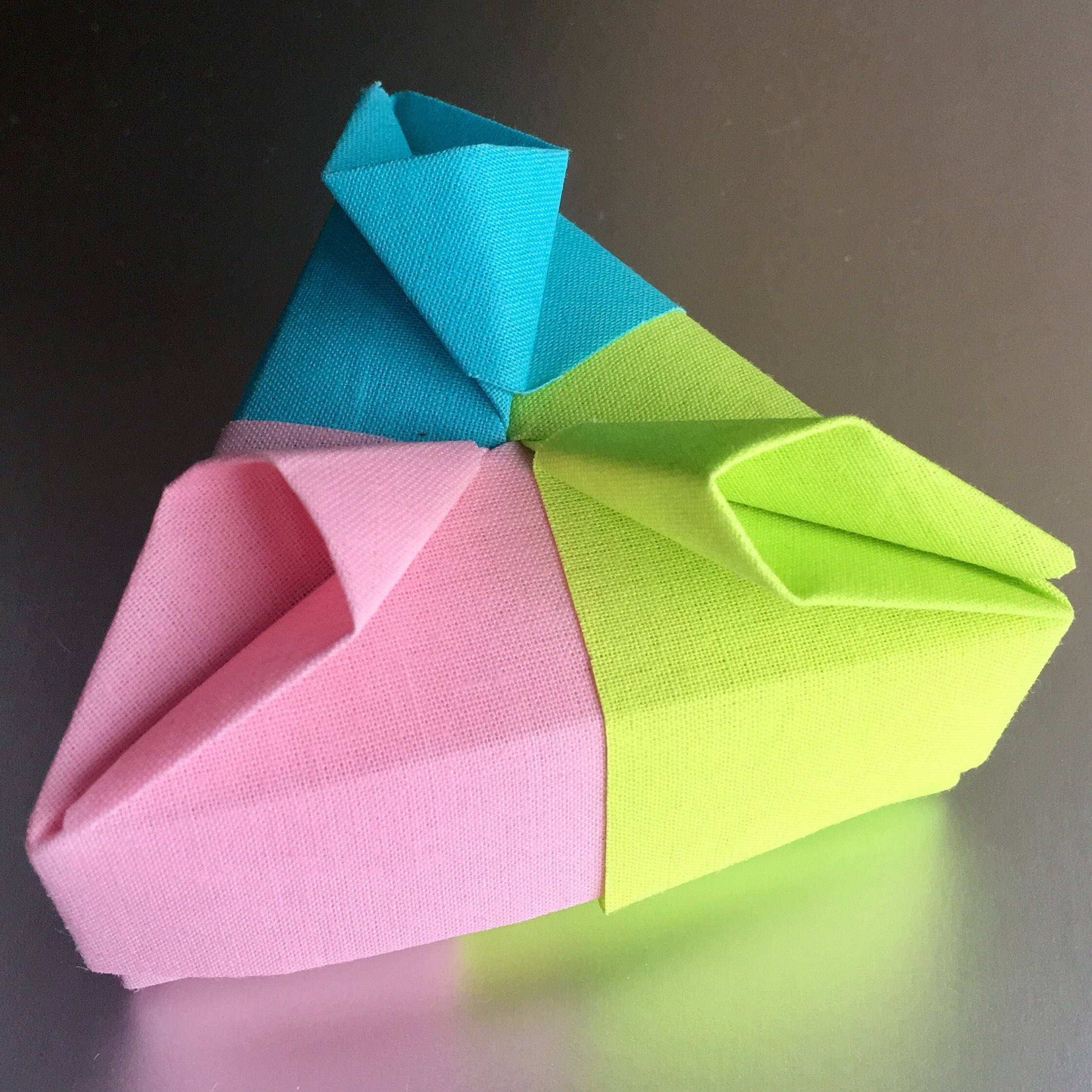 Origami Triangular Box in Lime Green, Pink, and Blue Cotton, Tri-color ...