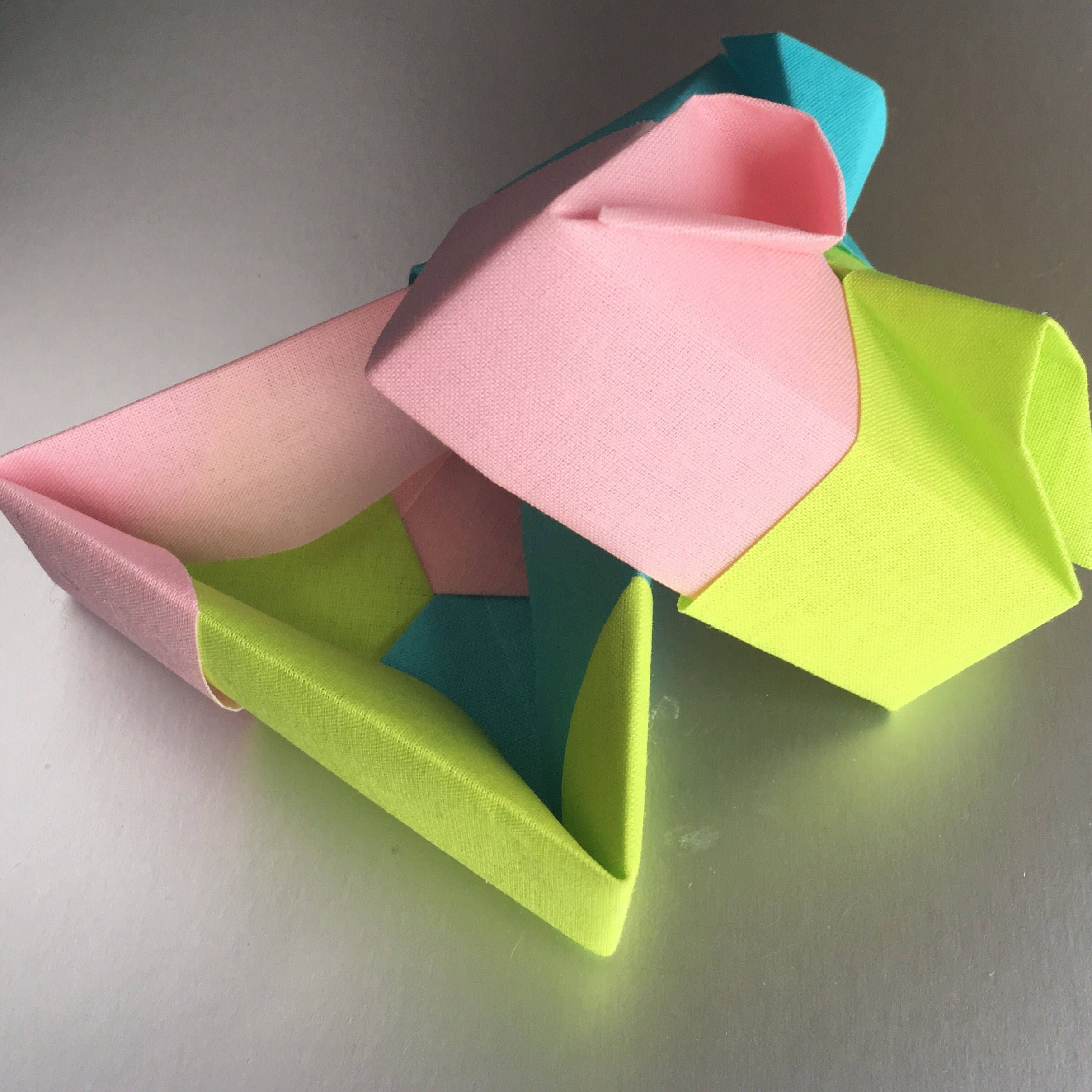 Origami Triangular Box in Lime Green, Pink, and Blue Cotton, Tri-color ...