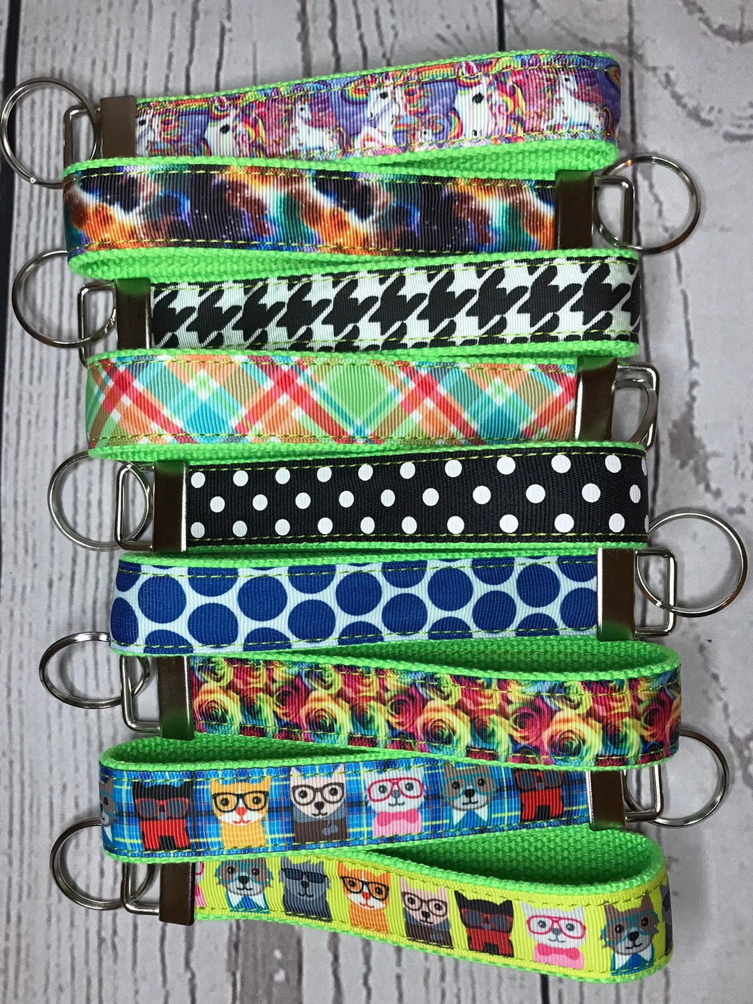 Key Fob, Neon Lime Green Cotton Canvas and Grosgrain Ribbon - Choose ...