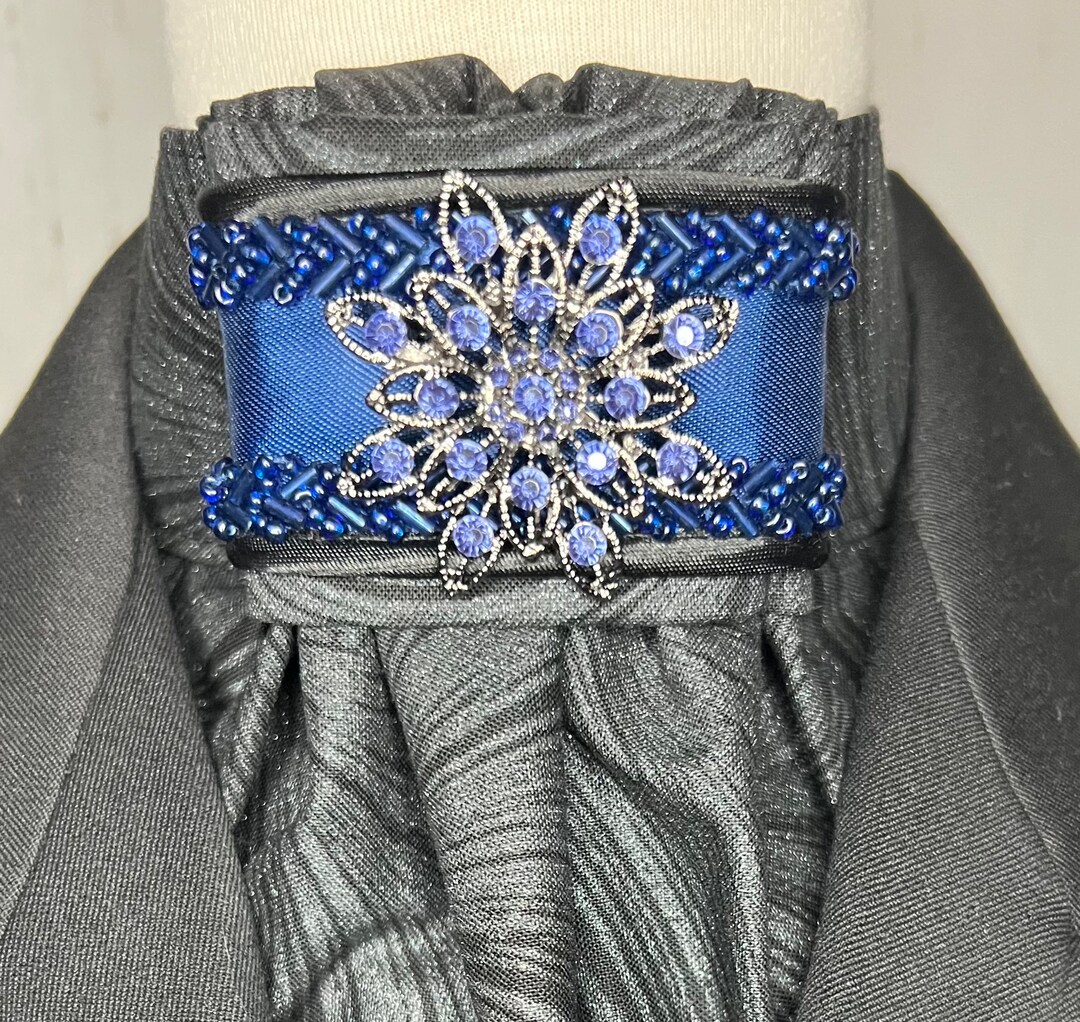 Blue Satin Ribbon and Blue Beaded Trim, Black Metalic Wave Cotton ...