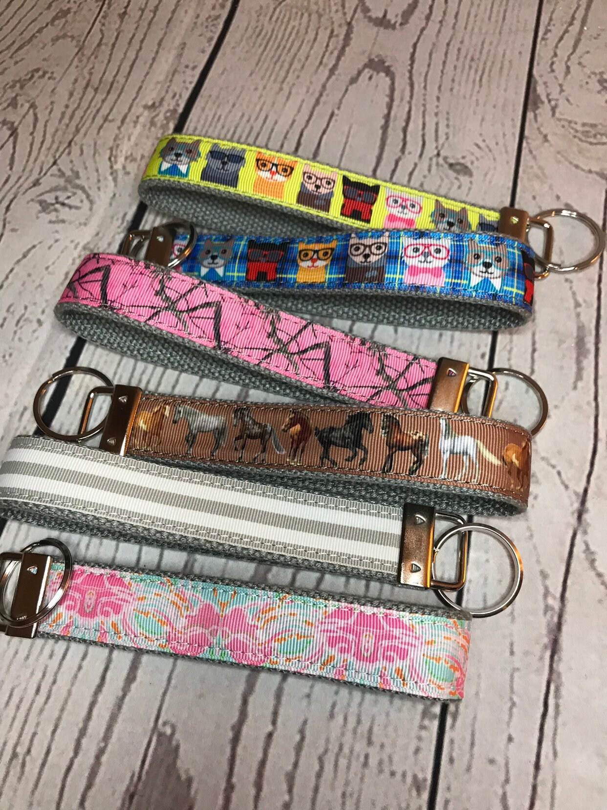 Key Fob, Light Grey Cotton Canvas and Grosgrain Ribbon - Choose Pattern ...