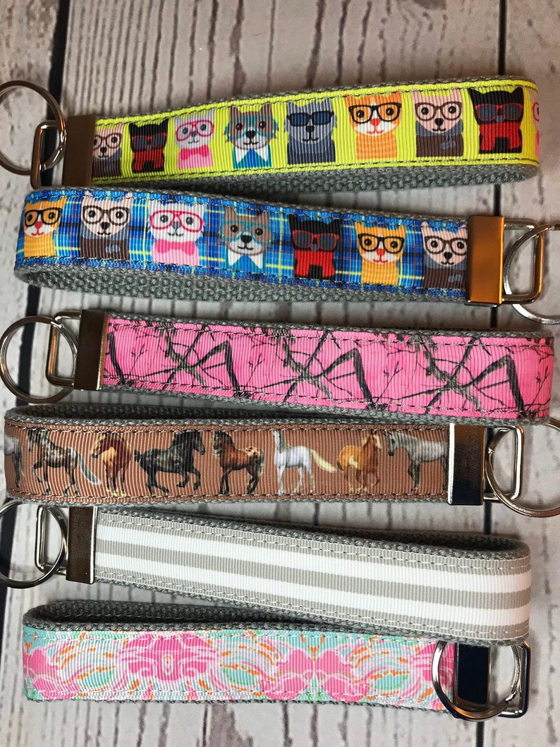 Key Fob, Light Grey Cotton Canvas and Grosgrain Ribbon - Choose Pattern ...