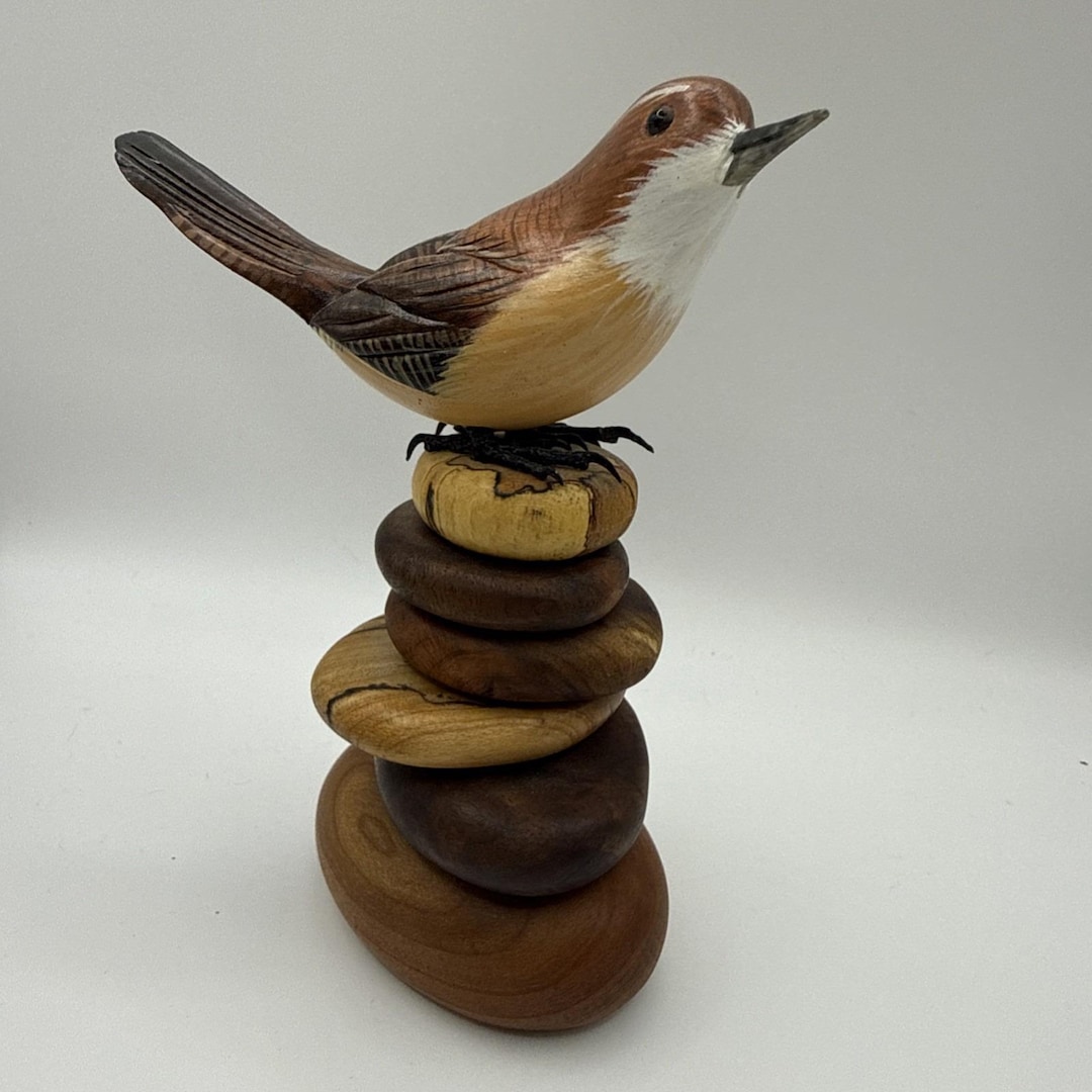 Carolina Wren Bird Hand Carved Painted on Wood Pebbles Rocks 5"glass ...