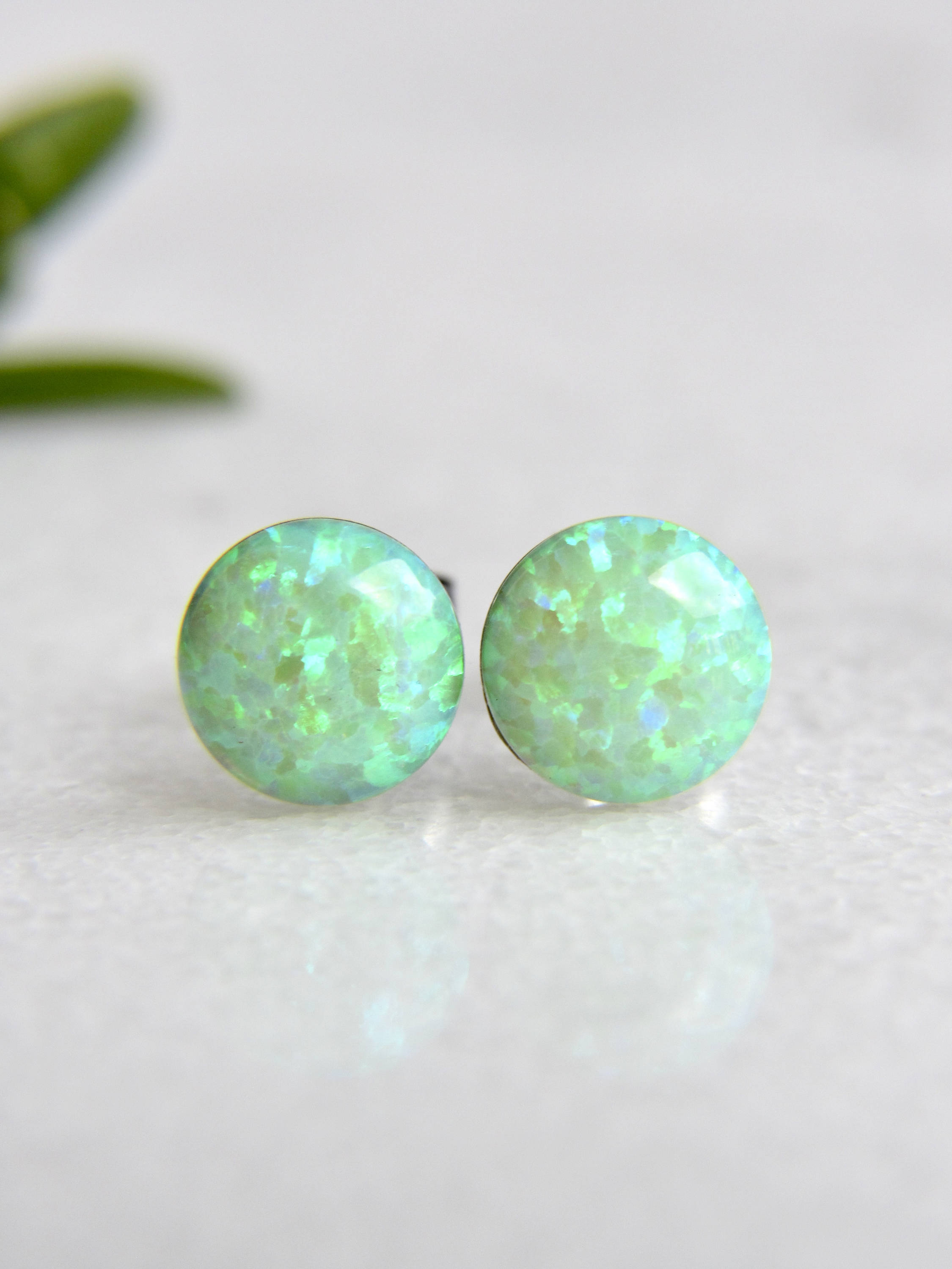 JewelryByElisha Green Opal 8mm Round Stud Earrings with Titanium Posts Lime Green Opal Green Opal Studs Synthetic Opal Titanium Studs