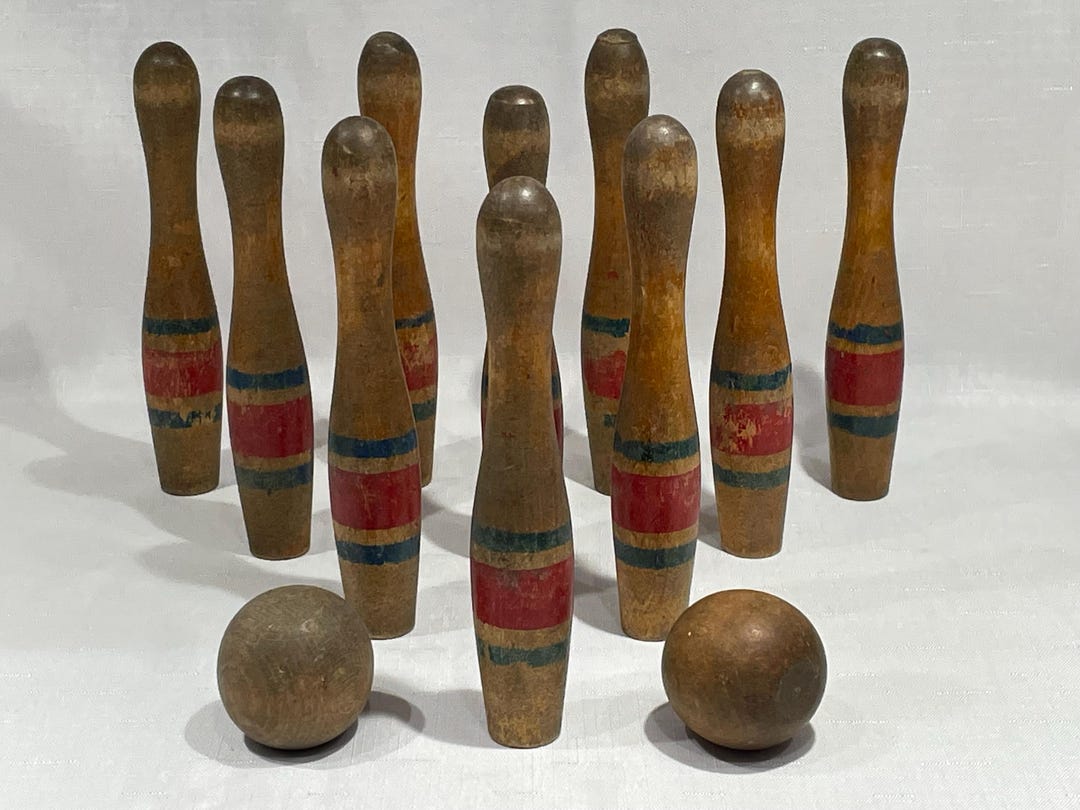 Antique 10 Pins 2 Balls Wooden Skittles Table Top Bowling Game Set - Etsy