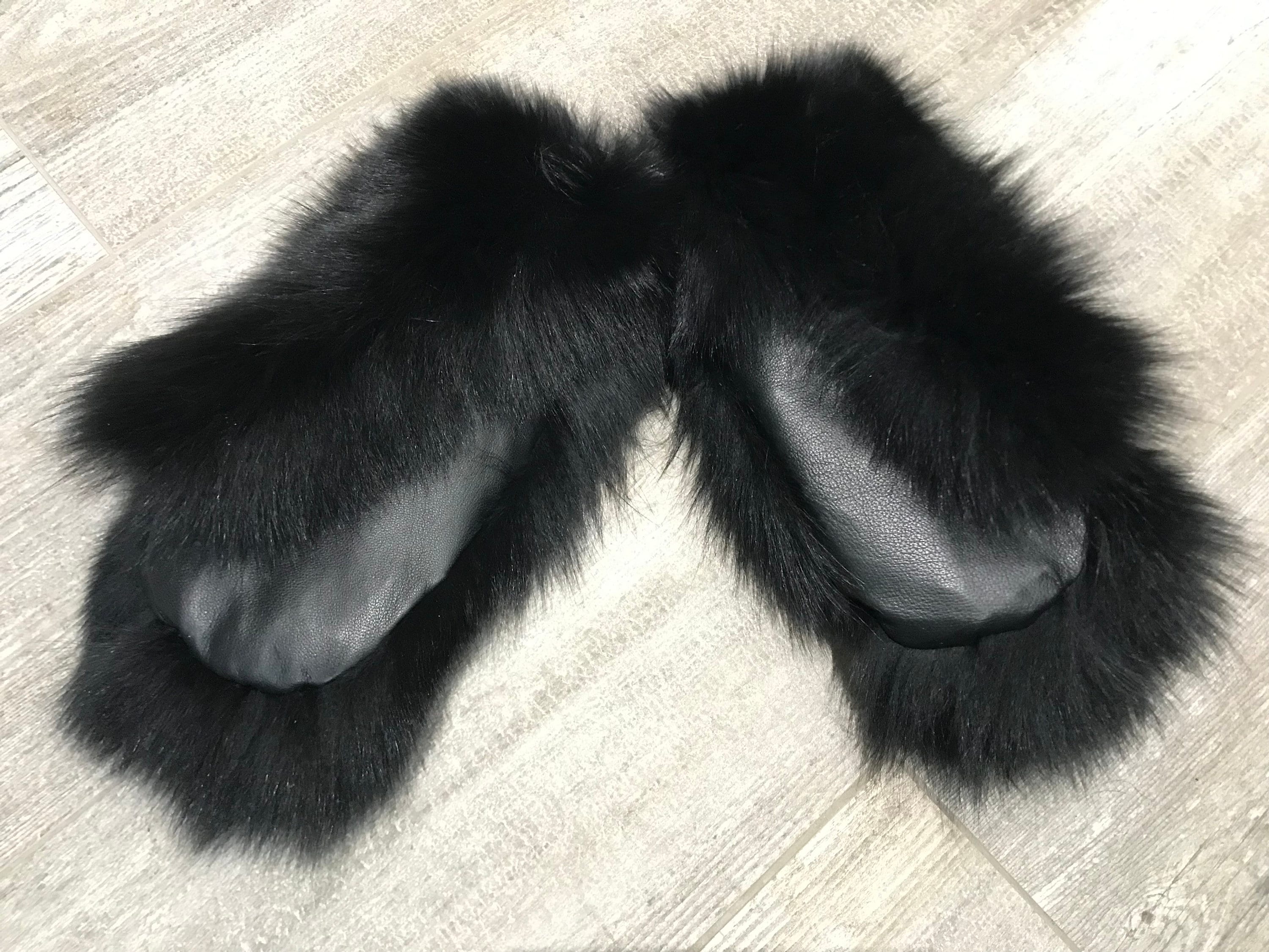 Women Stunning Authentic Black Fox Fur Black Leather Mittens Size ...