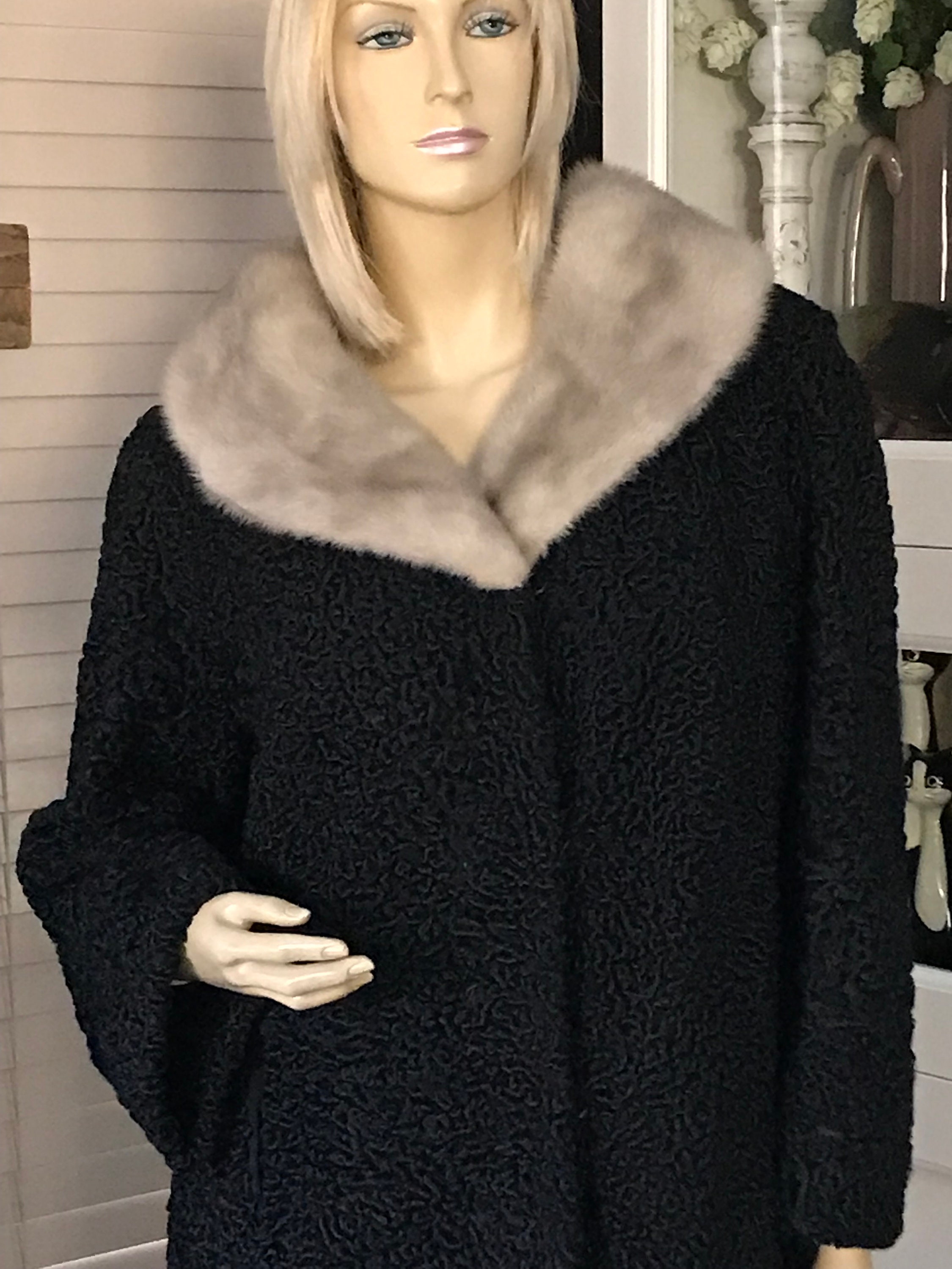 Women Beautiful Black Persian Lamb Fur Coat With Silver Sapphire Mink ...