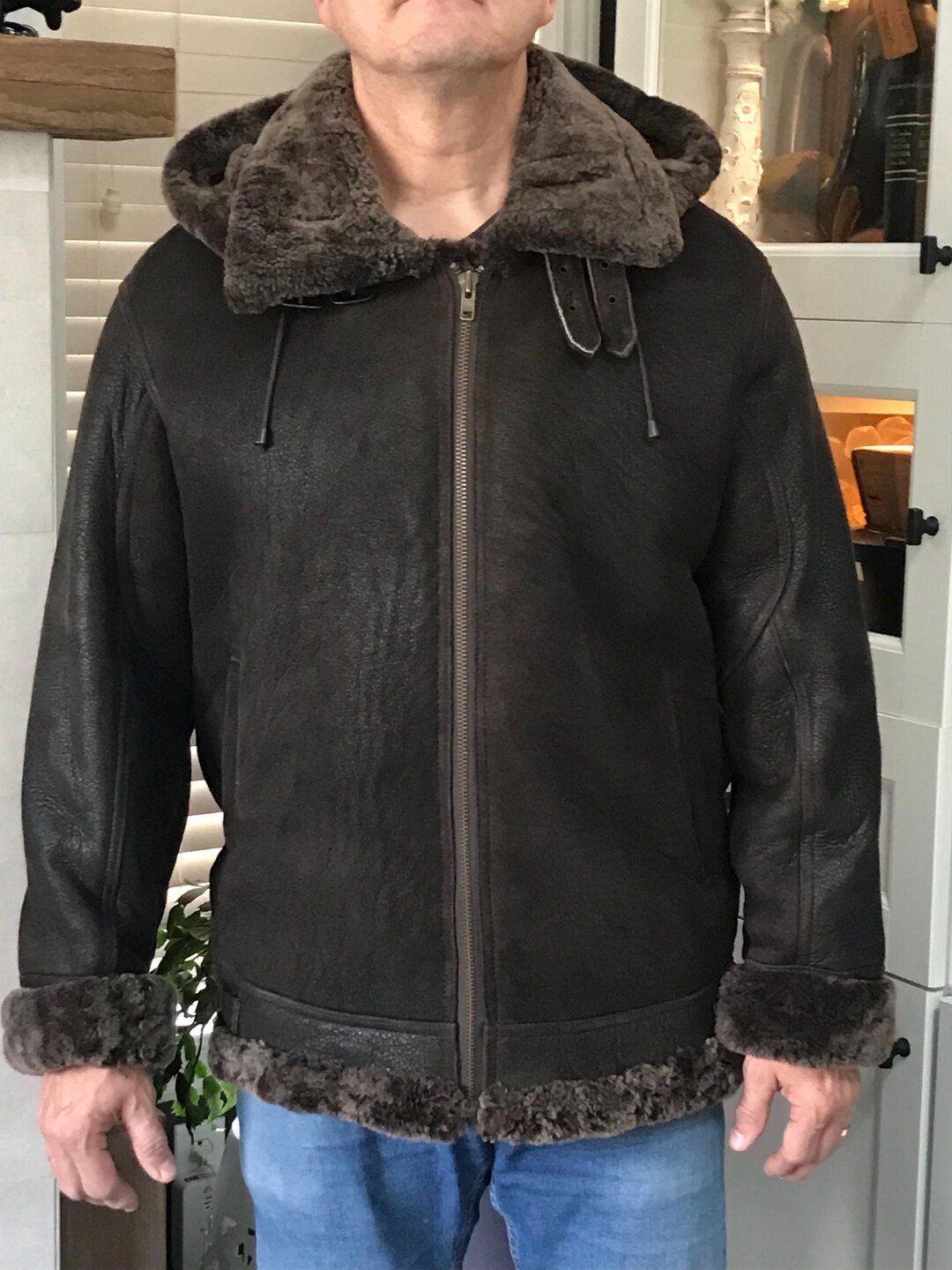 Men the Best Original Dark Brown SHEARLING Sheepskin Canpel Leather ...