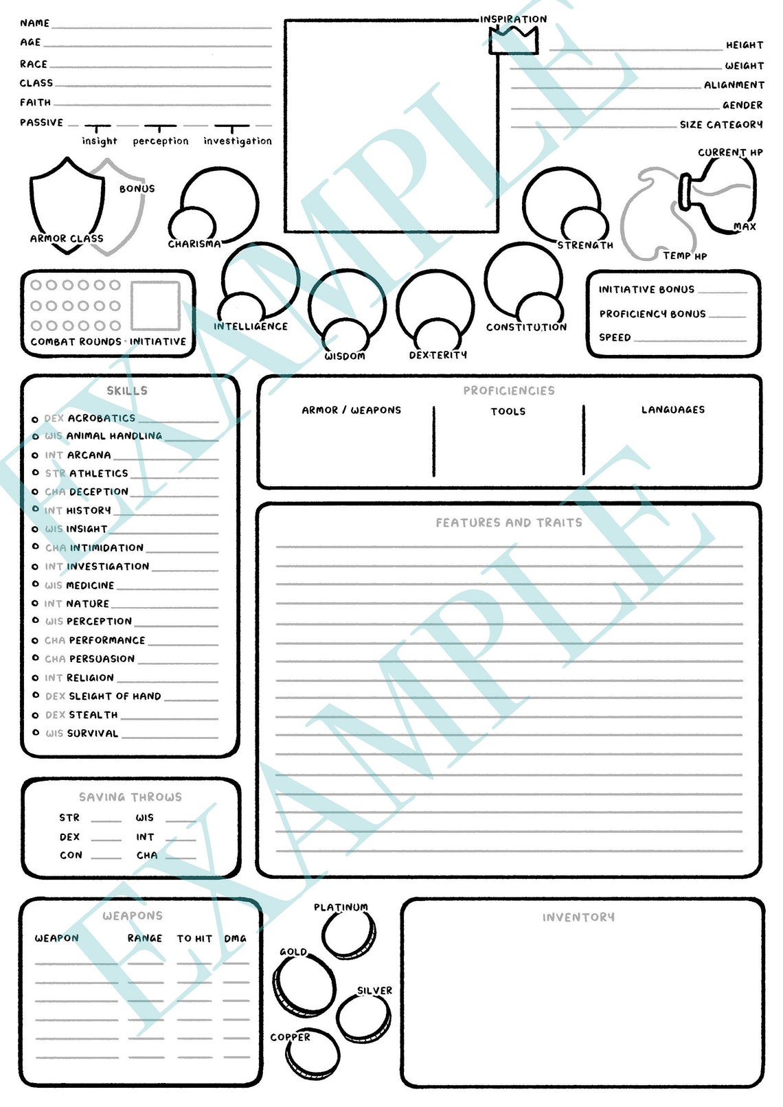 Dnd Character Sheet for 5th Edition Dungeons and Dragons, Printable and ...