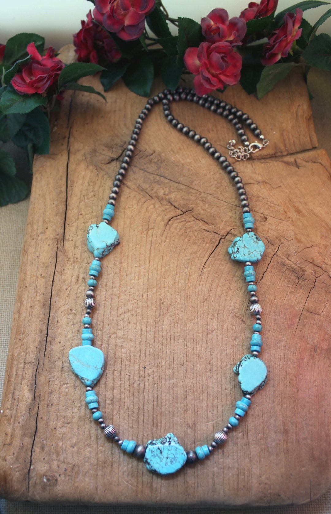 Southwestern Turquoise Slab & Navajo Style Beads 32" Necklace Tribal ...