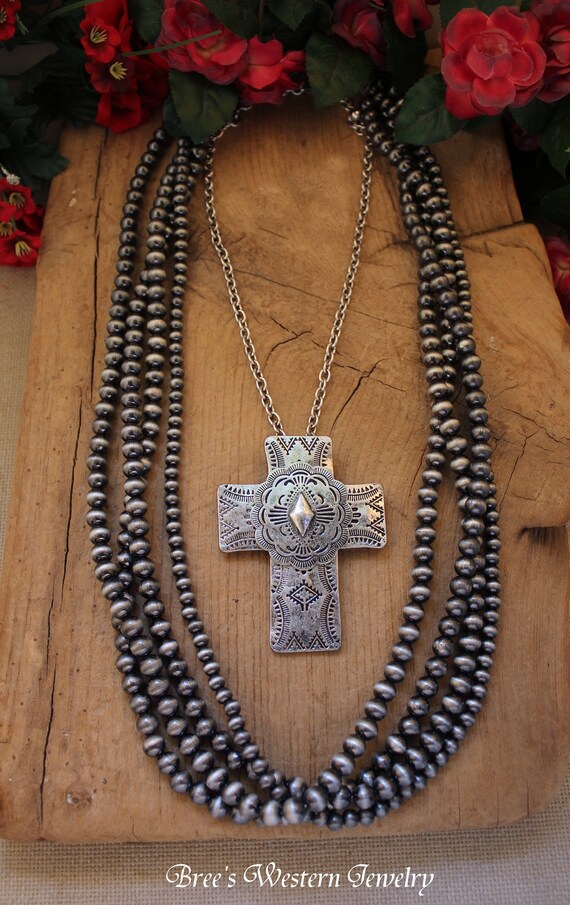 Western Engraved Big Silver Metal Cross Pendant Pewter Navajo Style Bead Four Strand 30 Necklace Set Etsy