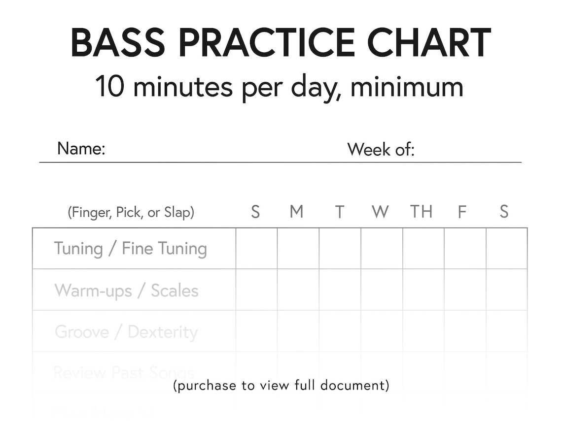 Bass Practice Chart - Digital Download, Printable Practice Log, Musical ...