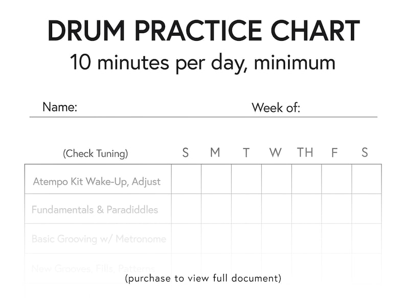 Drum Practice Chart - Digital Download, Printable Practice Log, Musical ...