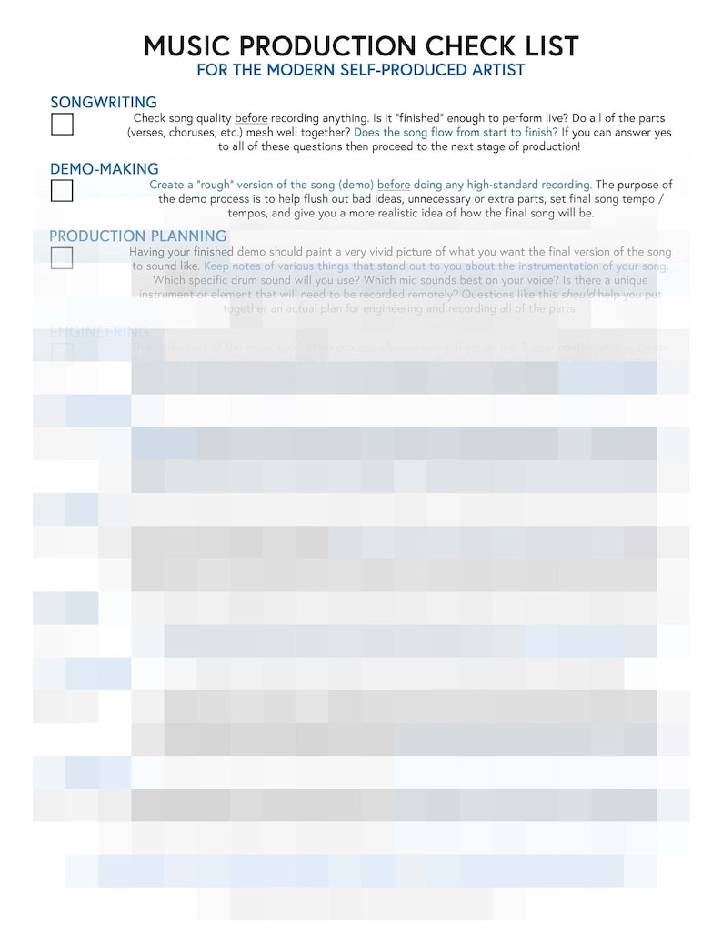 Music Production Check List -digital Download, Printable, Musical ...