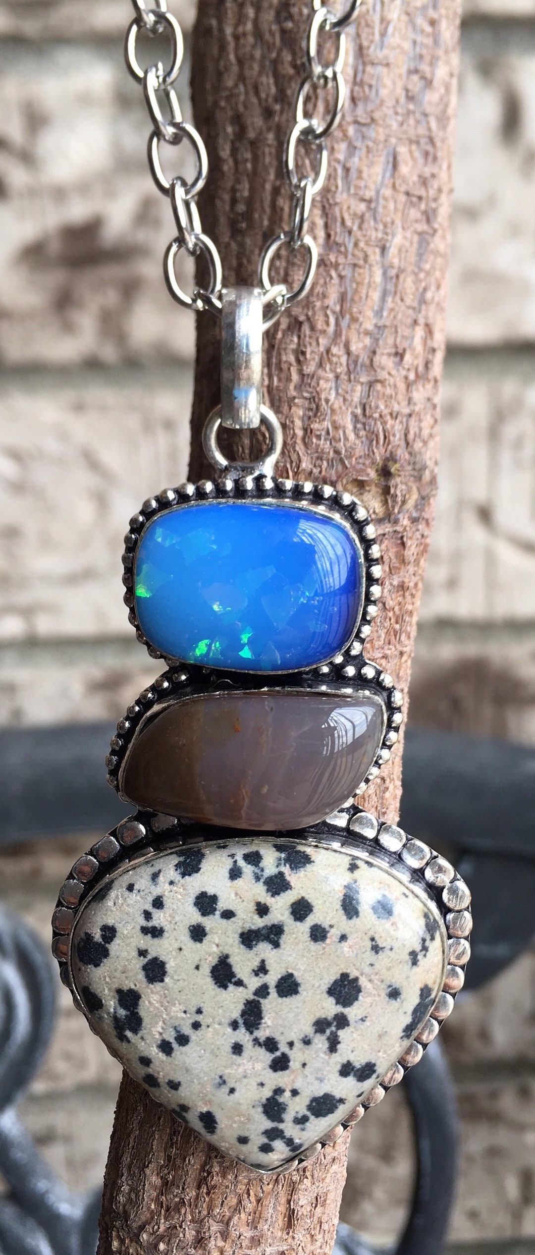 Dalmation Jasper Necklace, Fire Opal Necklace, Agate Necklace ...