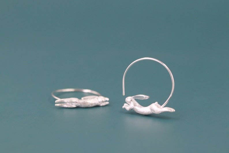 Running Rabbit Charm Earrings-sterling Silver Ribbit Hoop Earring-long ...