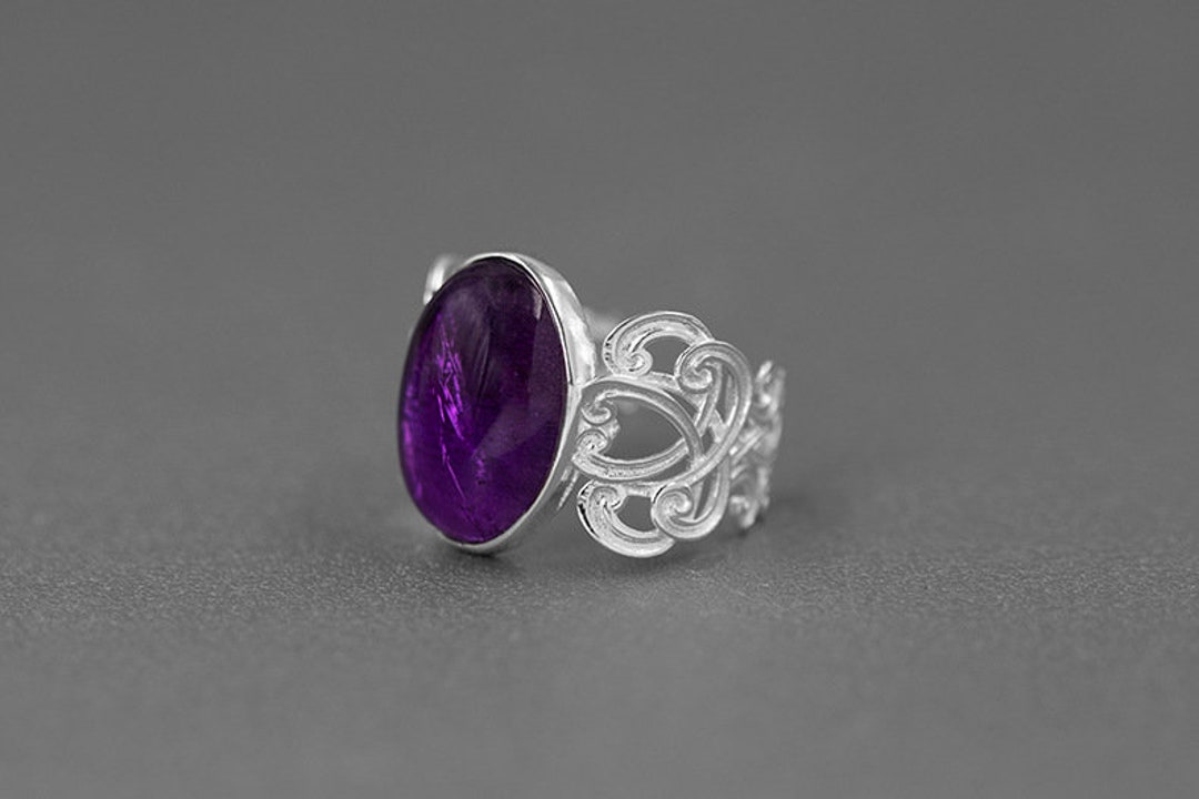 Oval Gemstone Ring-sterling Silver Hollow Decorative Pattern - Etsy