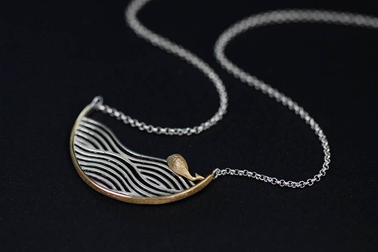 Whale Waves Necklace-gold Whale Silver Waves Pendant-swim Whale ...