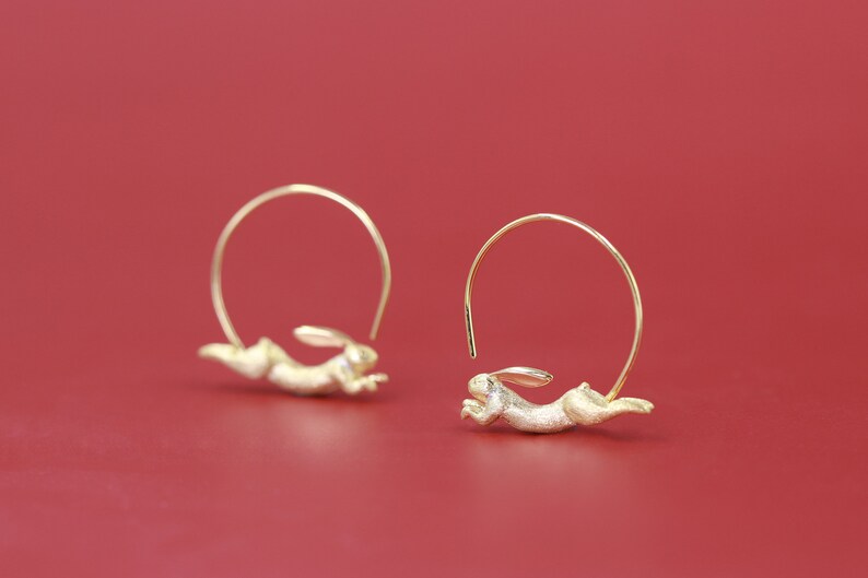 Running Rabbit Charm Earrings-sterling Silver Ribbit Hoop Earring-long ...