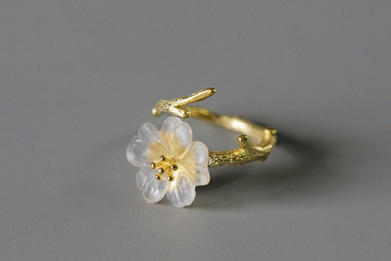White Flower Charm Ring-Sterling Silver Twig White Crystal | Etsy