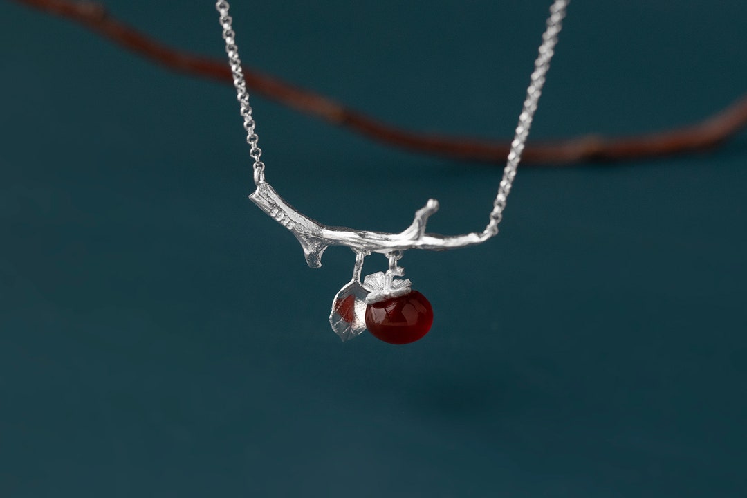 Red Persimmon Charm Necklace-sterling Silver Persimmon Twig Necklace ...