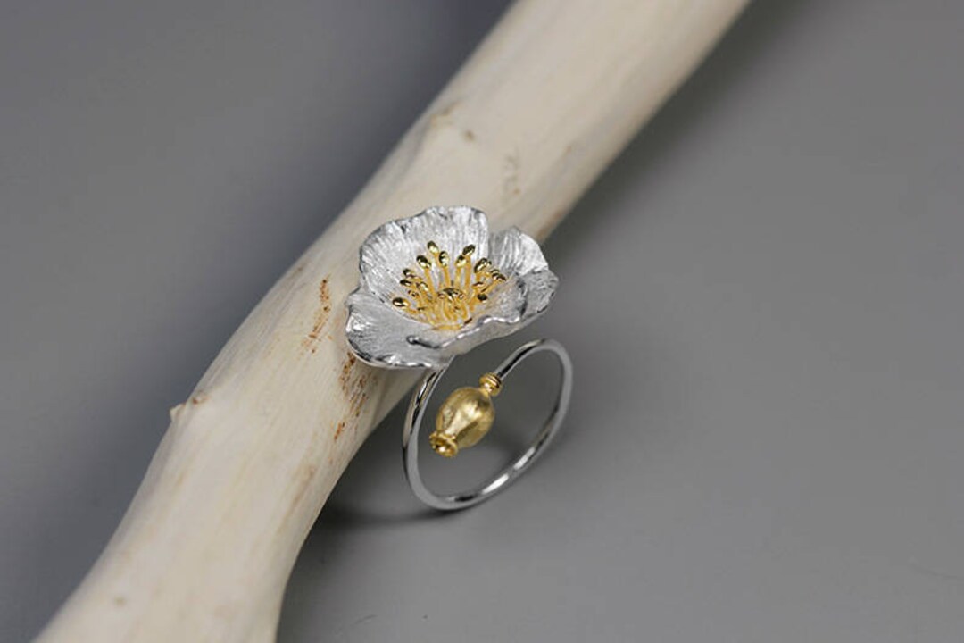 Poppy Flower Bud Ring-sterling Silver Poppy Flower Charm Ring-big ...