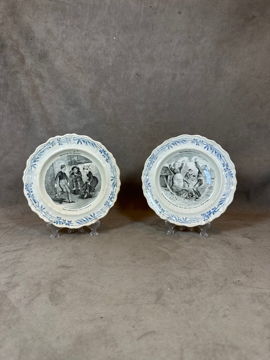 Set of 2 Old Talking Plates in Faience on the Theme of the Proverbs ...