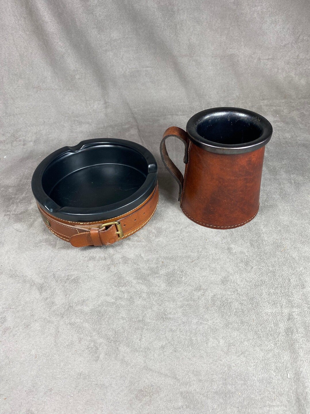 Beautiful Set of 2 Brown Leather and Black Ceramic Ashtrays Real Hide ...