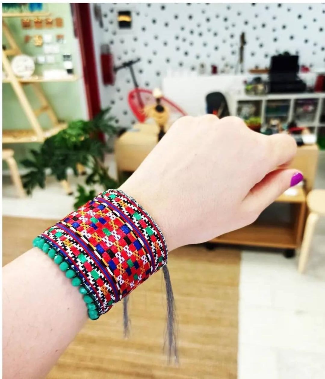 Kimbala Cuff: Vibrant Ethnic Open Bracelet With Green Beads - Etsy