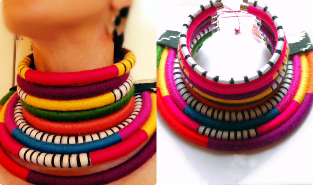 African 2 in 1 Jewelry Set Collar and Bib Necklace Tribal Multi Color ...