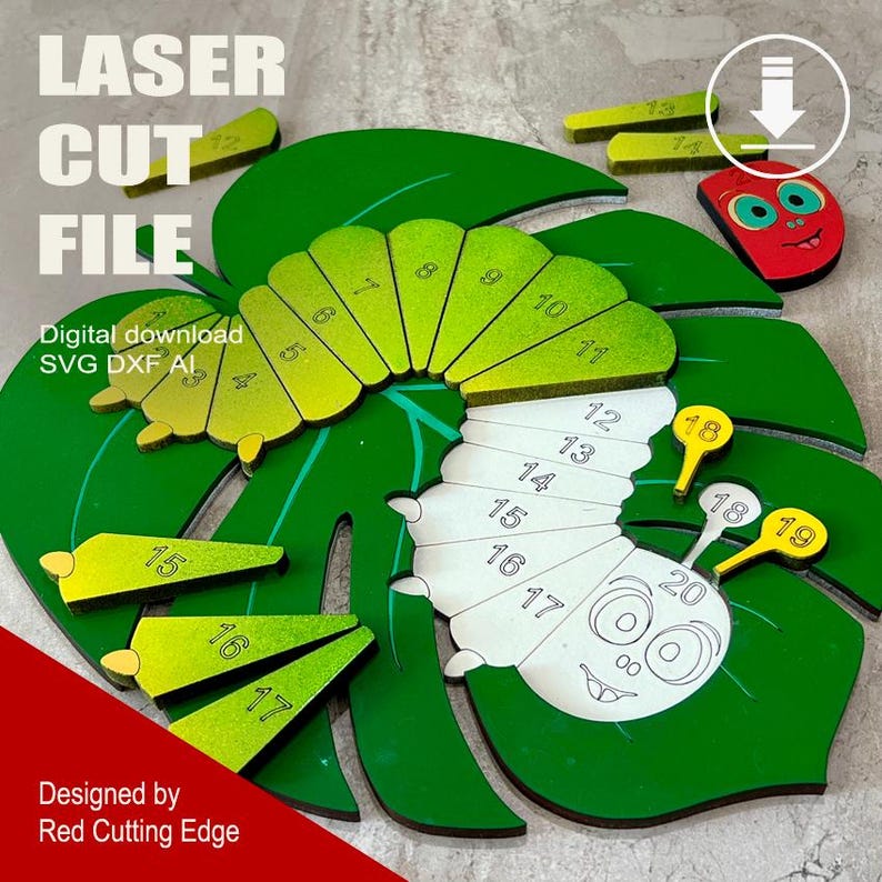 Laser Cut Wooden Counting Caterpillar on Leaf Puzzle SVG DXF AI - Etsy