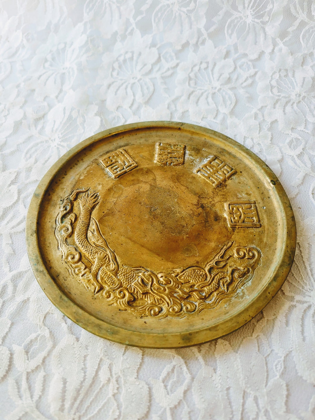 Vintage Chinese Feng Shui Antique Bronze Brass Circular Plate Dish – 5. ...