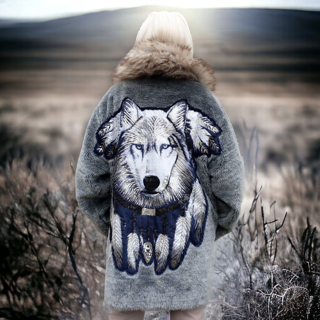 Vegan Upcycled Fur Wolf Silver-gray Designer Coat Dreamcatcher Eco ...