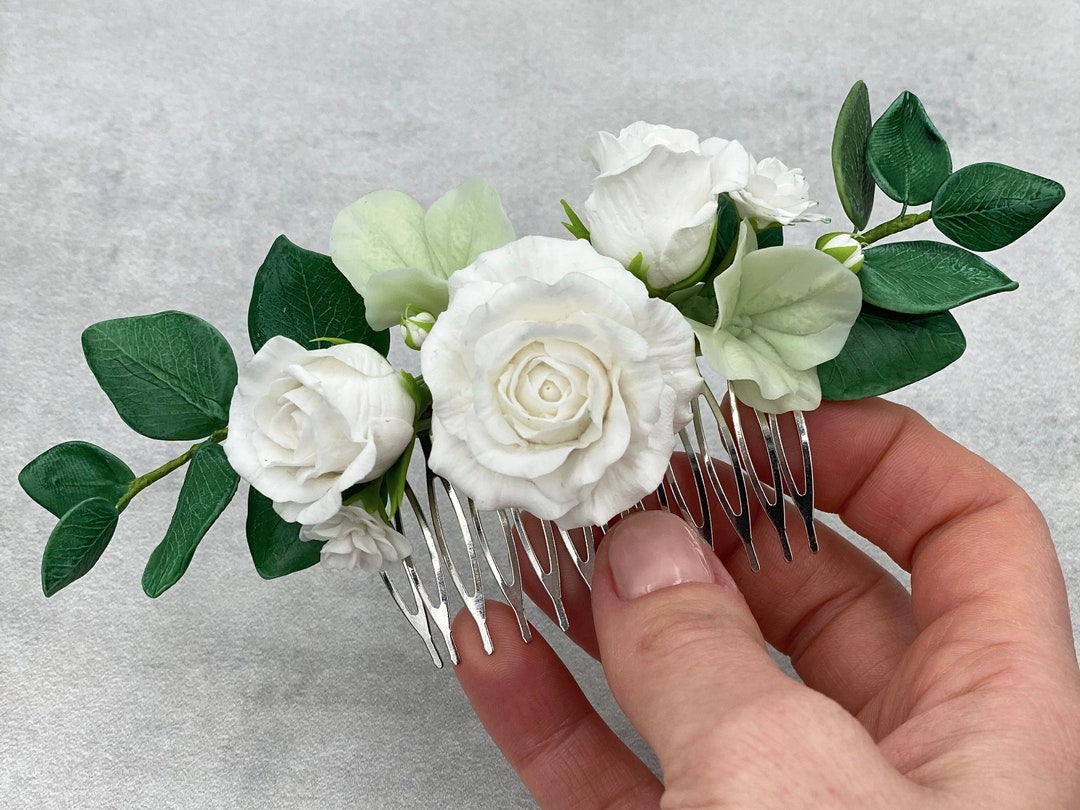 White Rose Floral Hair Comb Wedding Hairpiece, Bridal Hair Clip Flower ...