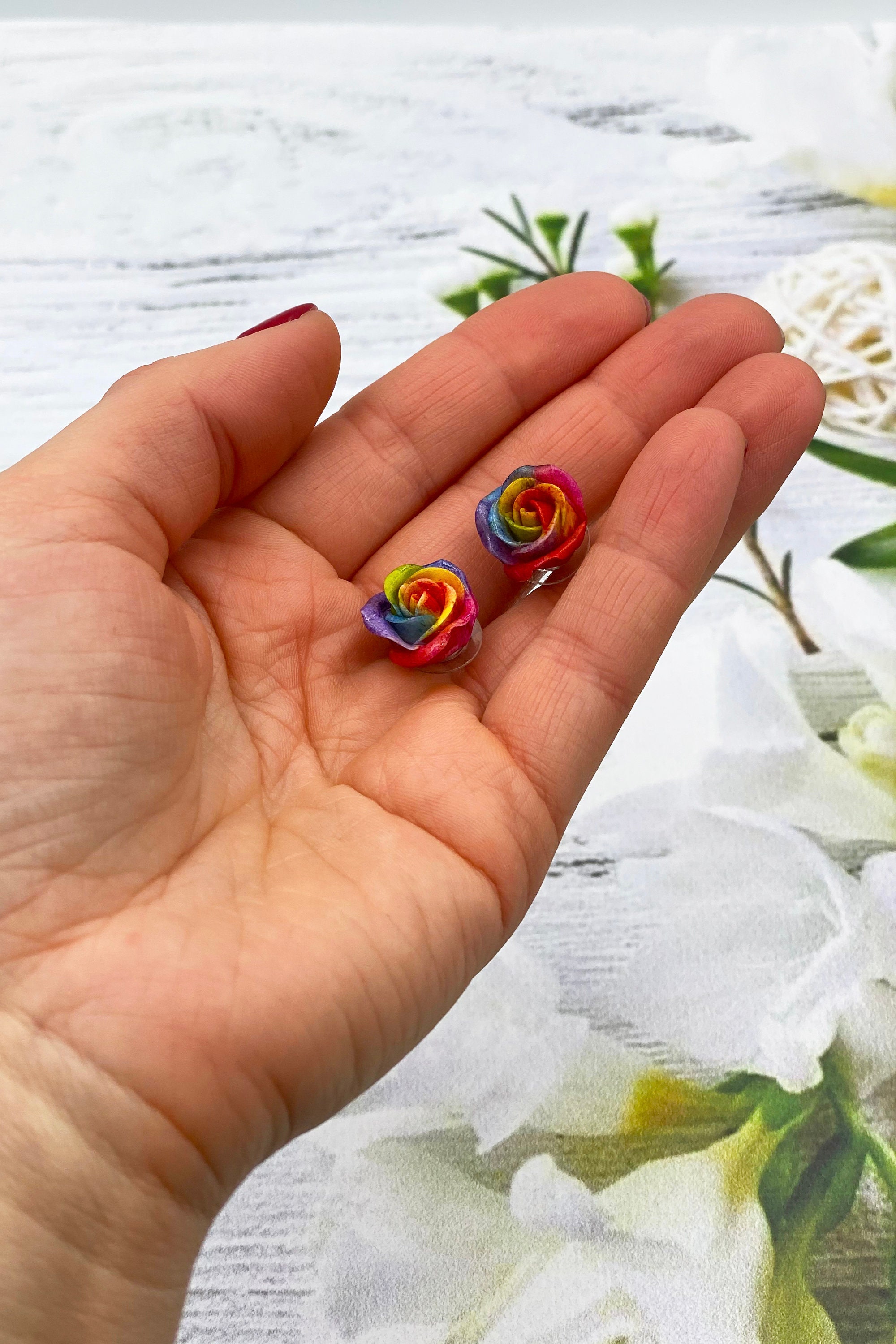Rainbow rose flower earrings stud rainbow gay lesbian | Etsy